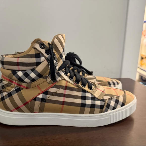 Burberry | Shoes | Burberry Plaid Hightop Sneakers Tan Black White Red ...